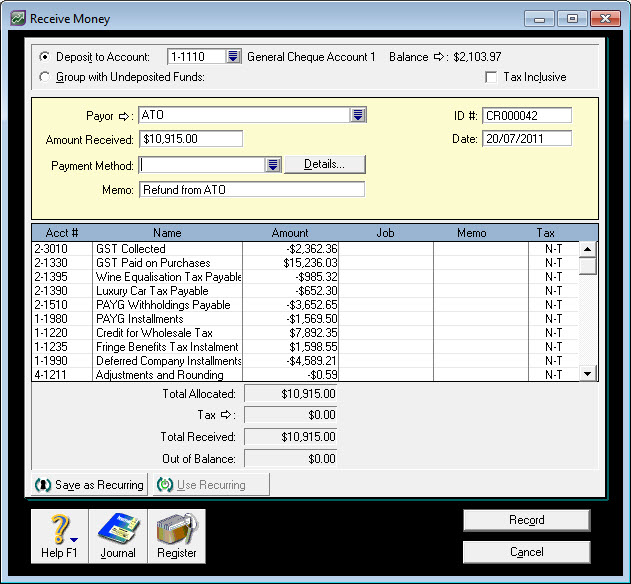 Recording an ATO payment or credit (Australia only) - Support Notes ...